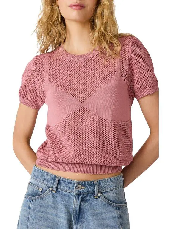 Steve Madden Blakelee Open Stitch Short Sleeve Sweater - French Rose