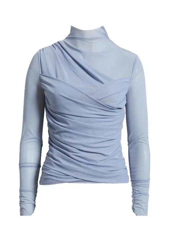 Hugo Boss Ruched Mesh Turtleneck Top - Bright Blue