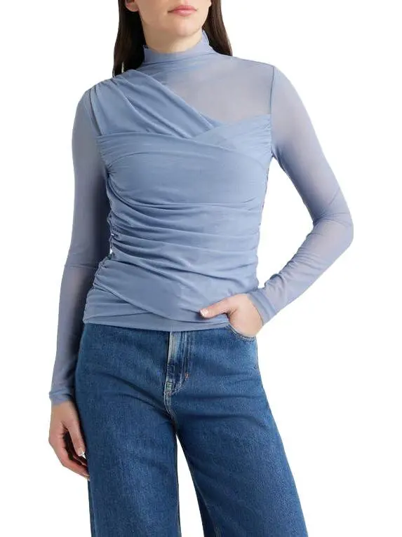Hugo Boss Ruched Mesh Turtleneck Top - Bright Blue