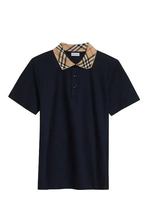 Burberry Evan Check Collar Cotton Piqué Polo - Smoked Navy