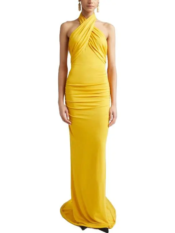 Carolina Herrera Crisscross Halter Gown - Saffron