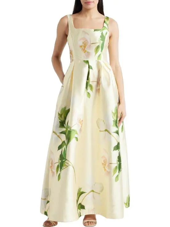 Julia Jordan Floral Mikado Fit & Flare Gown - Yellow Multi
