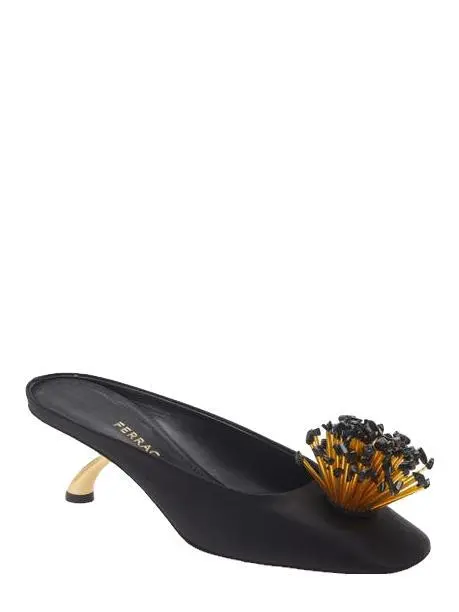 FERRAGAMO Safi Beaded Kitten Heel Mule - Black