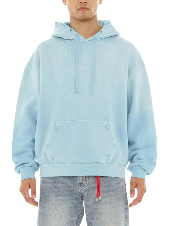 CULT OF INDIVIDUALITY Core Distressed French Terry Pullover Hoodie - Blue Glow