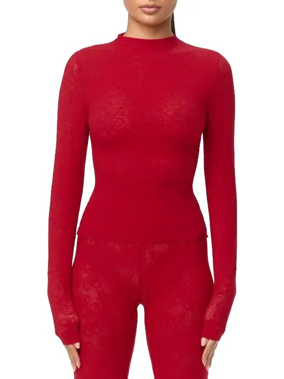 Naked Wardrobe Scalloped Hem Stretch Lace Top - Ruby Red