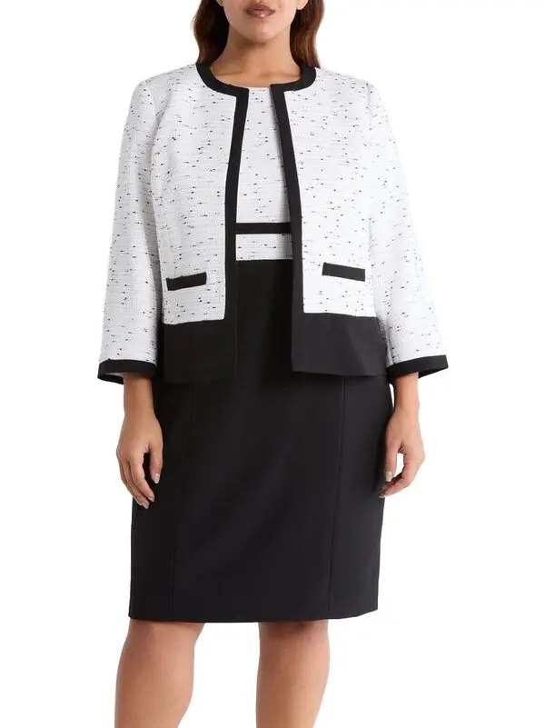 KASPER Tweed Jewel Neck Cardigan - Lily White/black