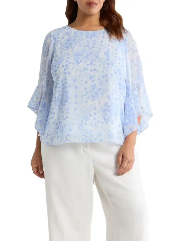 KASPER Printed Ruffle Sleeve Top - Paris Bleu Multi