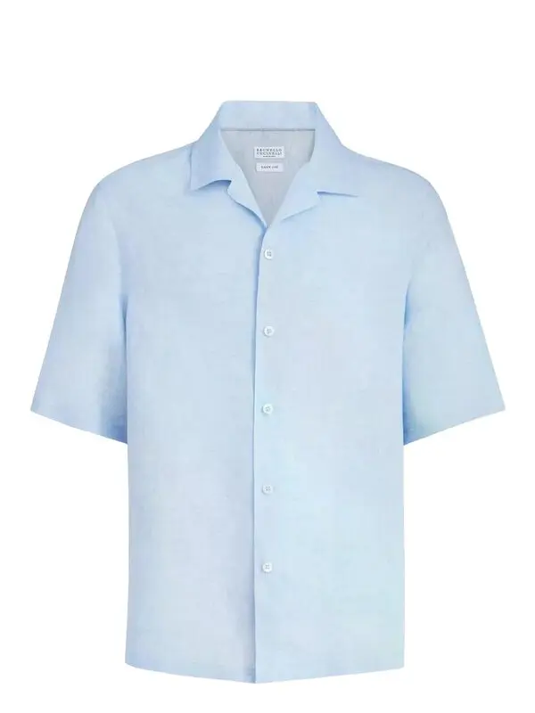 Brunello Cucinelli Linen Easy Fit Short-sleeve Shirt With Camp Collar - Blue