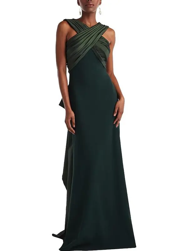 Tadashi Shoji Caro Cascading Halter Gown - Dark Forest