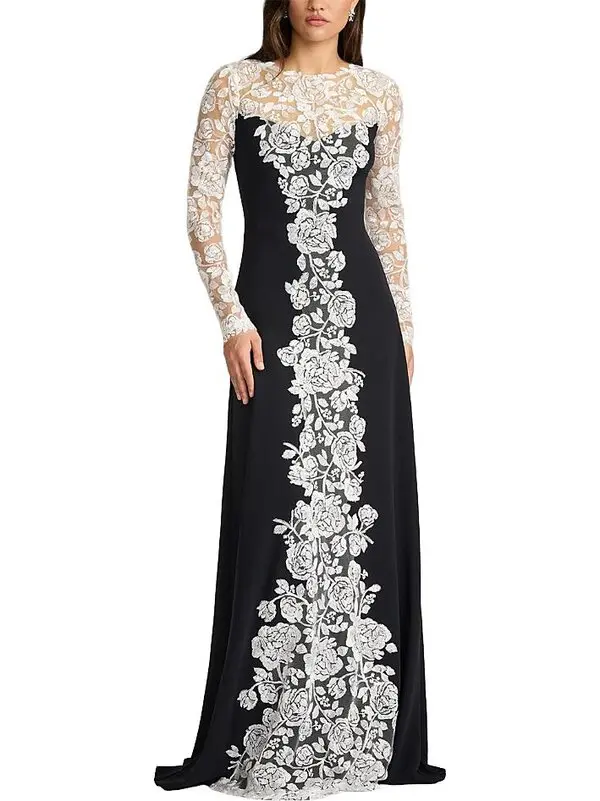 Tadashi Shoji Kalico Embroidered Illusion Gown - Ivory/black
