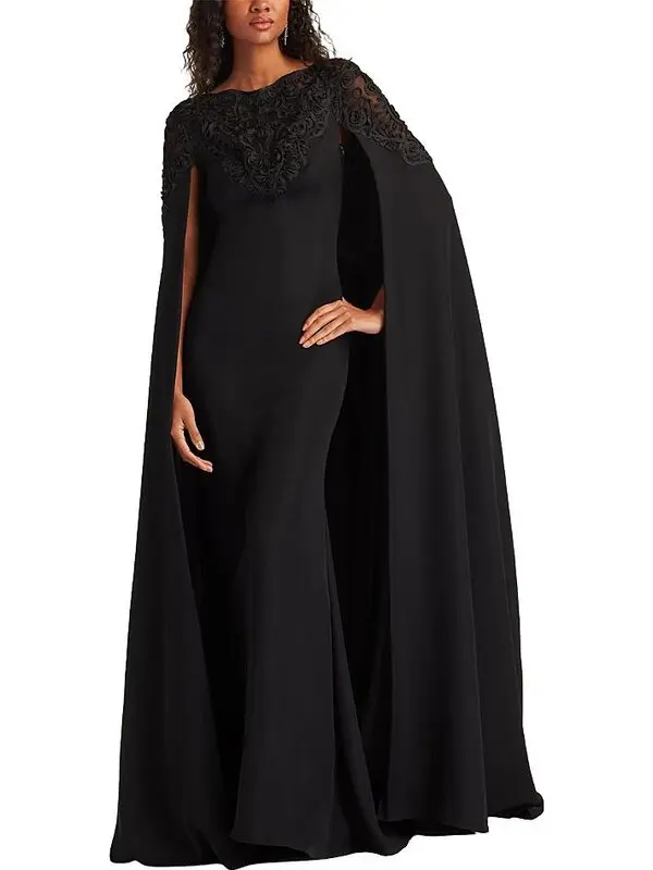Tadashi Shoji Embroidered Cape Gown - Black