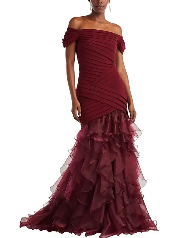 Tadashi Shoji Vail Shutter-pleated Crepe And Organza Gown - Cinnamon