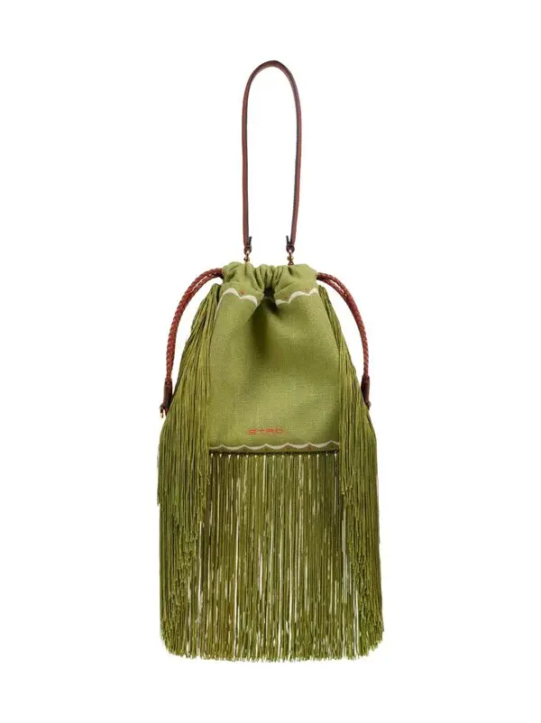 Etro Kalispera Small Bucket Bag With Embroidery And Fringes - Green