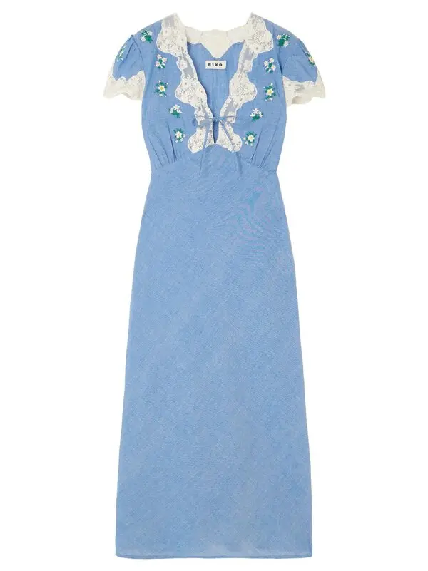 Rixo Amari Lace-trimmed Embroidered Cotton-chambray Midi Dress - Blue