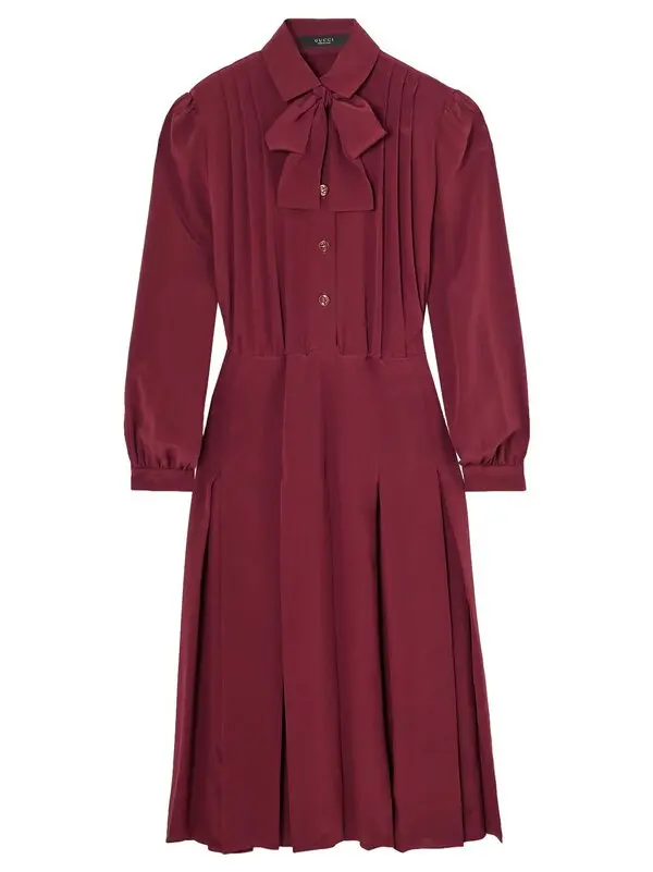 Gucci Pintucked Bow-detailed Silk Crepe De Chine Midi Shirt Dress - Burgundy