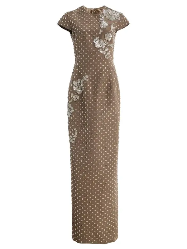 Oscar De La Renta Crystal Floral-embroidered Gown - Taupe