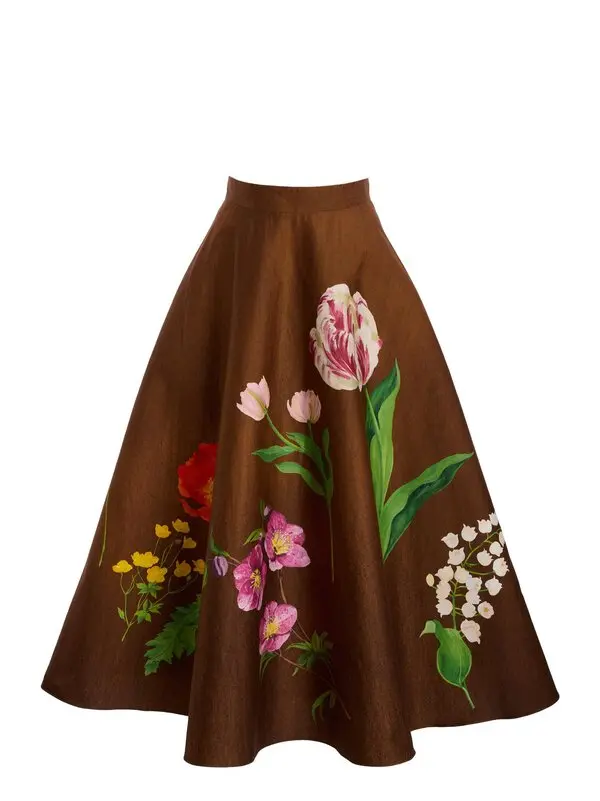Oscar De La Renta Botanical Printed Midi Circle Skirt - Brown