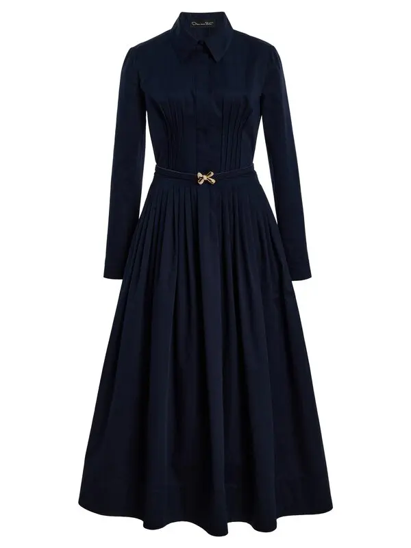Oscar De La Renta Collared Stretch-twill Midi Dress With Embellished Bow Belt - Navy