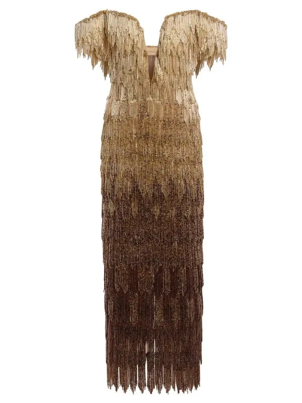 Oscar De La Renta Bead-fringed Maxi Dress - Gold