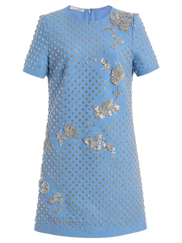 Oscar De La Renta Floral Crystal Wool-blend Mini Cocktail Dress - Blue