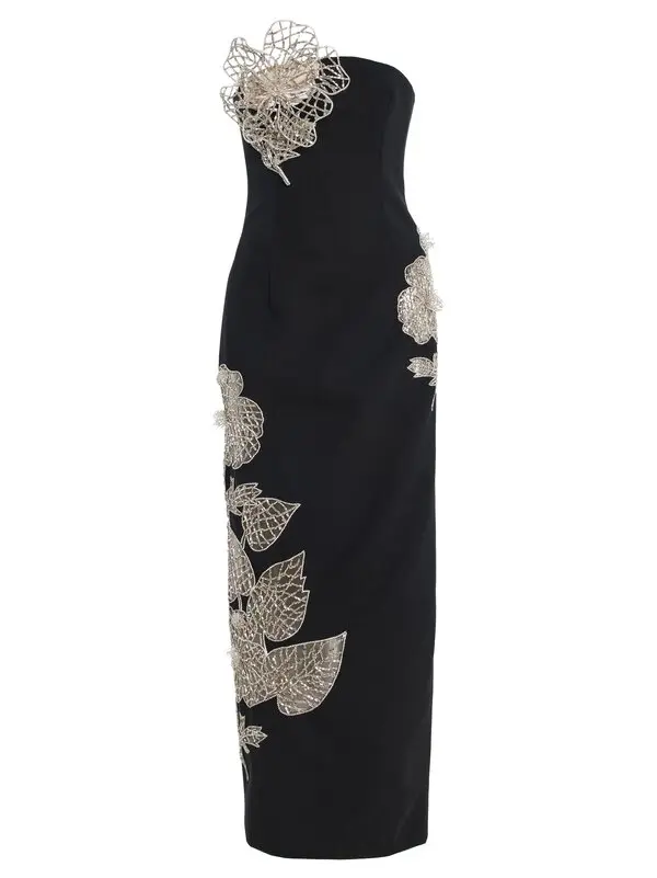 Oscar De La Renta Crystal-embellished Wool-blend Maxi Cocktail Dress - Black