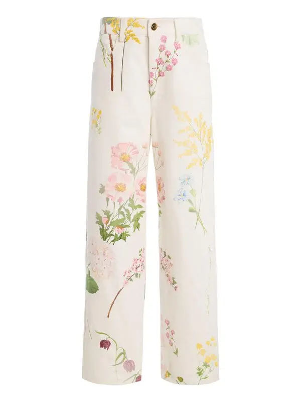 Oscar De La Renta Botanical Cotton-denim Straight-leg Pants - Floral