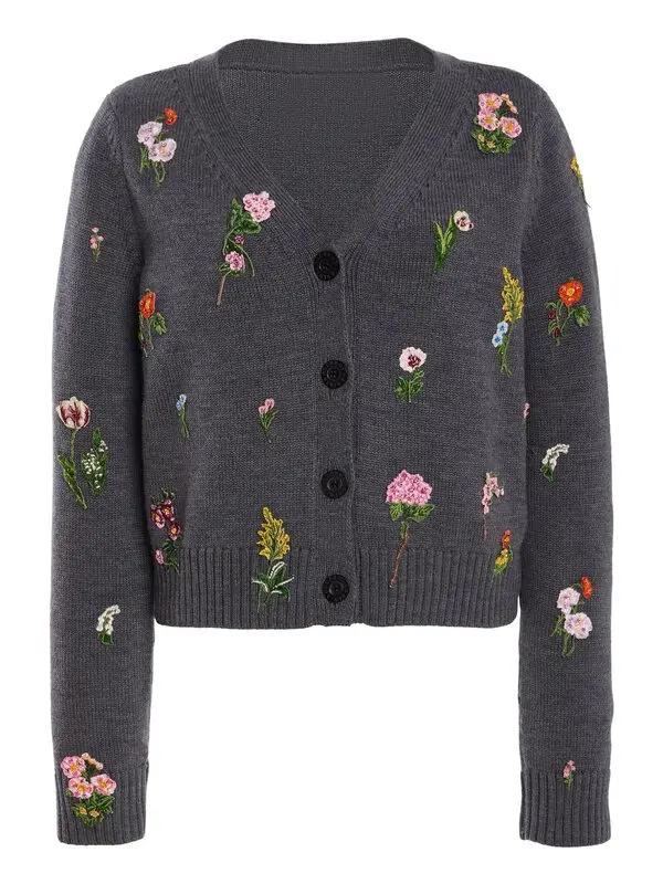 Oscar De La Renta Embroidered Wool Cardigan - Dark Grey