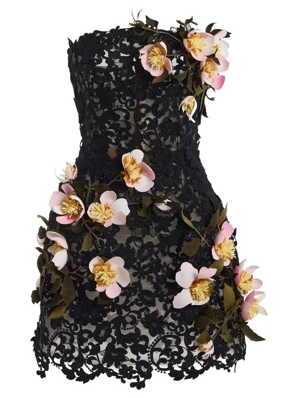Oscar De La Renta 3d-flower Lace Mini Cocktail Dress - Black