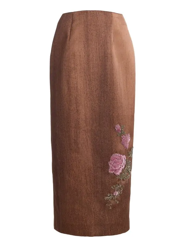 Oscar De La Renta Embroidered Floral Satin Midi Skirt - Brown