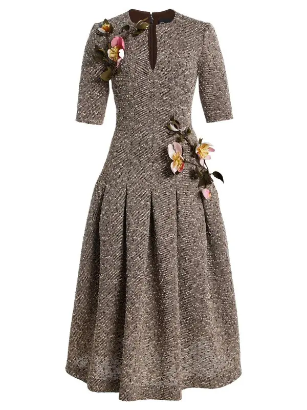 Oscar De La Renta Embellished Wool-blend Tweed Midi Dress - Brown
