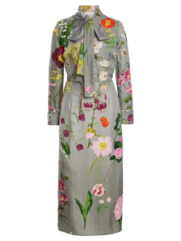 Oscar De La Renta Botanical Silk-twill Midi Dress - Grey