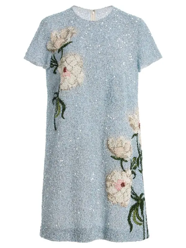 Oscar De La Renta Beaded Chine Floral Mini Dress - Blue