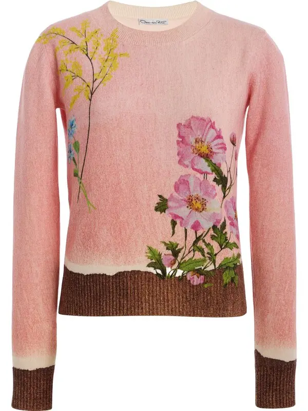 Oscar De La Renta Printed Floral Wool Top - Pink