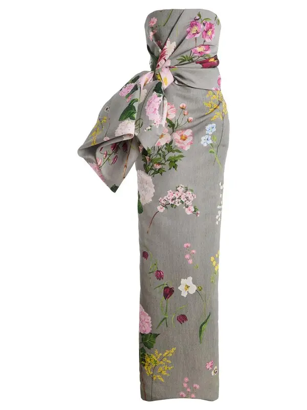 Oscar De La Renta Mixed Botanical Print Faille Column Gown - Grey
