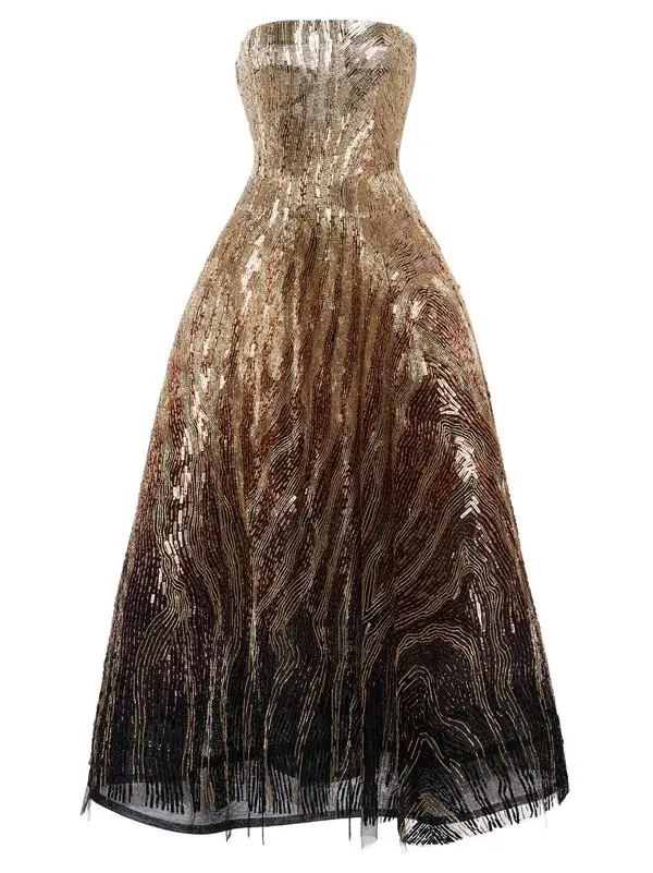 Oscar De La Renta Sequined Moire Maxi Dress - Gold