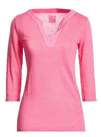 120% Lino Linen T-shirt With V-neck And 3/4 Sleeves - Fuchsia