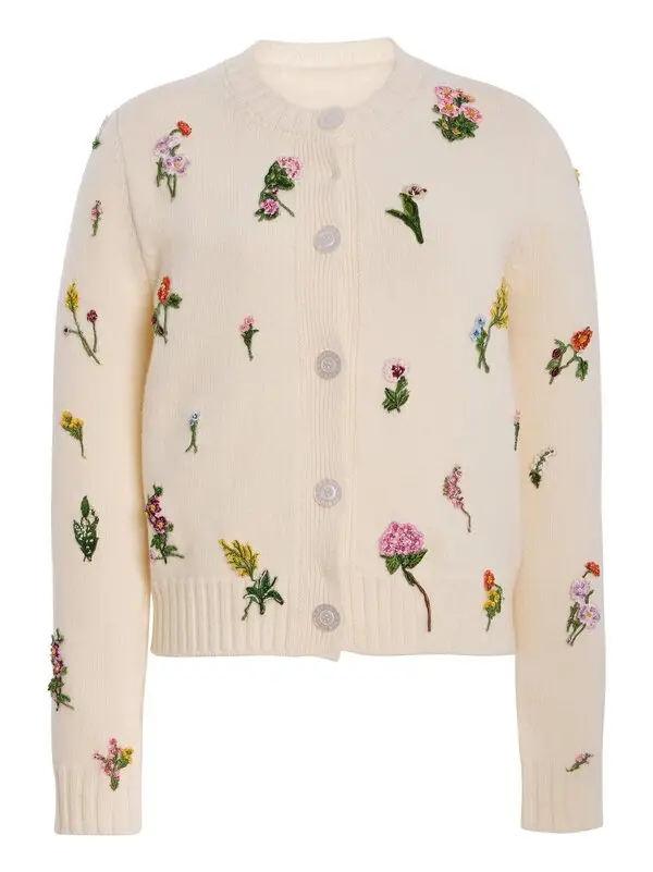 Oscar De La Renta Threadwork Floral Wool Cardigan - Ivory