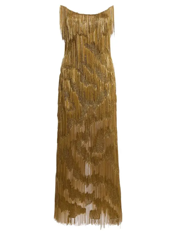 Oscar De La Renta Embroidered Chain Moire Midi Cocktail Dress - Gold