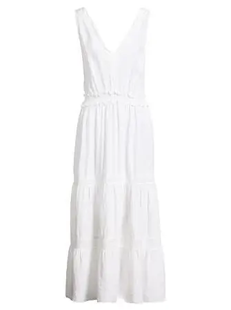 120% Lino Flared Linen Maxi Dress With Lace Trims - White