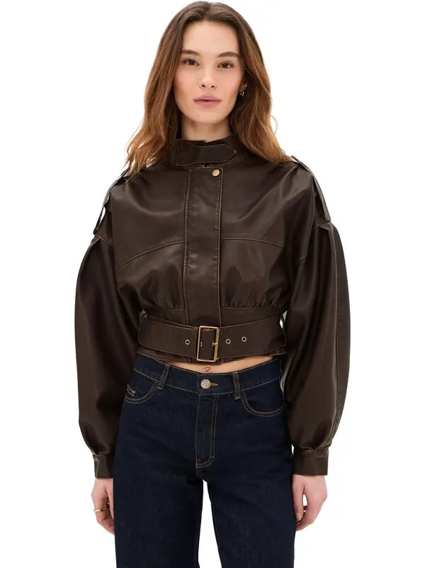 Lioness Faux Leather Bomber Jacket - Chocolate