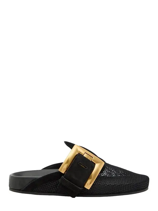 Balmain Oversized Buckle Suede Mules - Black
