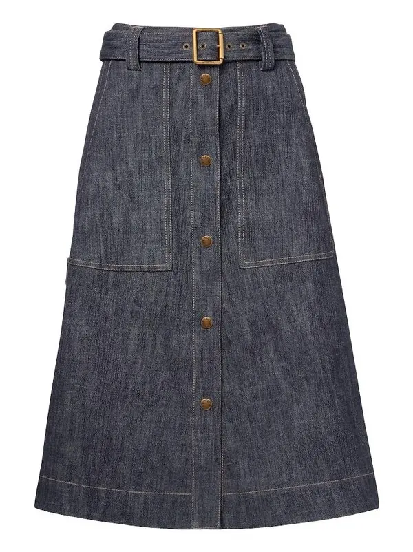 Moncler Belted Denim Midi Skirt - Blue