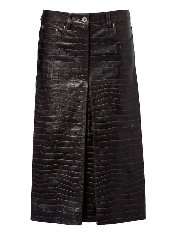 Rabanne Pleated Croc-effect Leather Midi Skirt - Brown