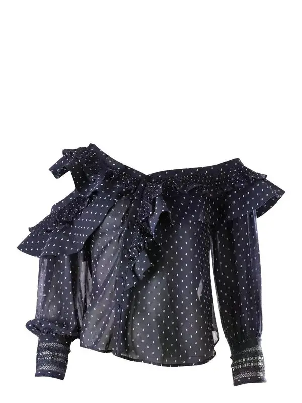 SELF-PORTRAIT Plumetis Frilled One-shoulder Top - Blue