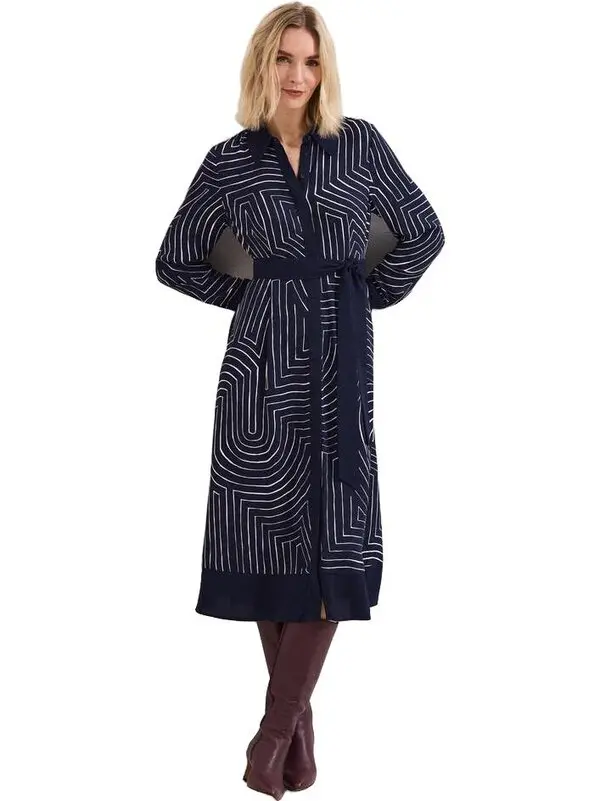 PHASE EIGHT Charlotte Long-sleeve Belted Midi Shirt Dress - Navy/ivory
