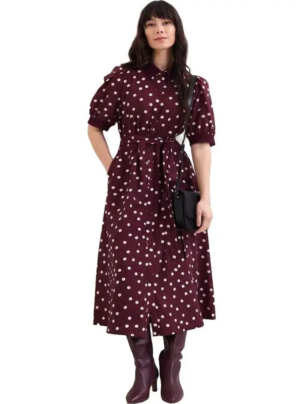 PHASE EIGHT Printed Puff Sleeve Midi Shirt Dress - Burgundy