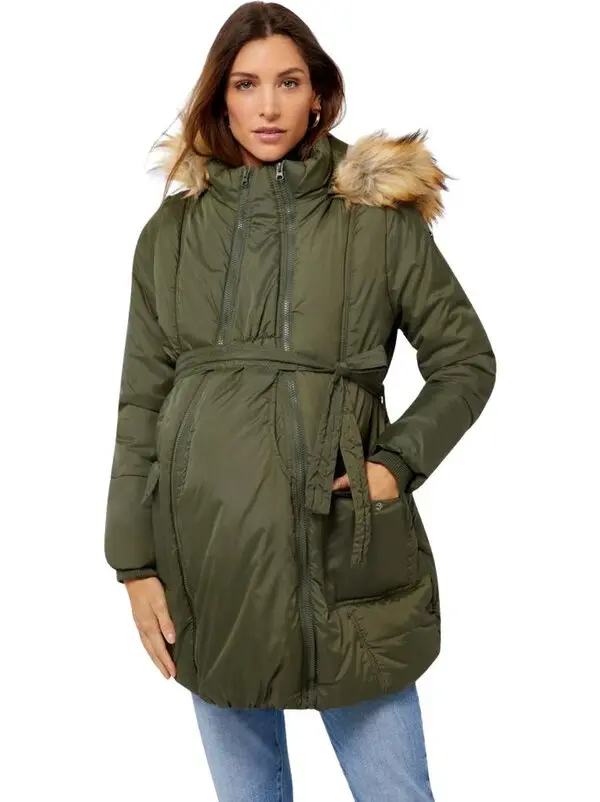 MODERN ETERNITY 3-in-1 Maternity Coat With Belt - Khaki Green
