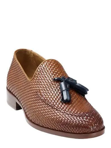 PAUL FREDRICK Woven Leather Tassel Loafer - Chestnut