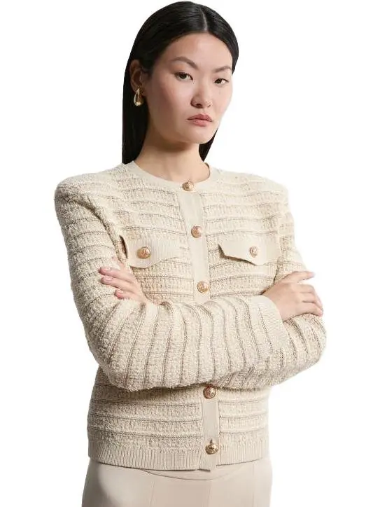 Karen Millen Textured Military Trim Knit Jacket - Cream