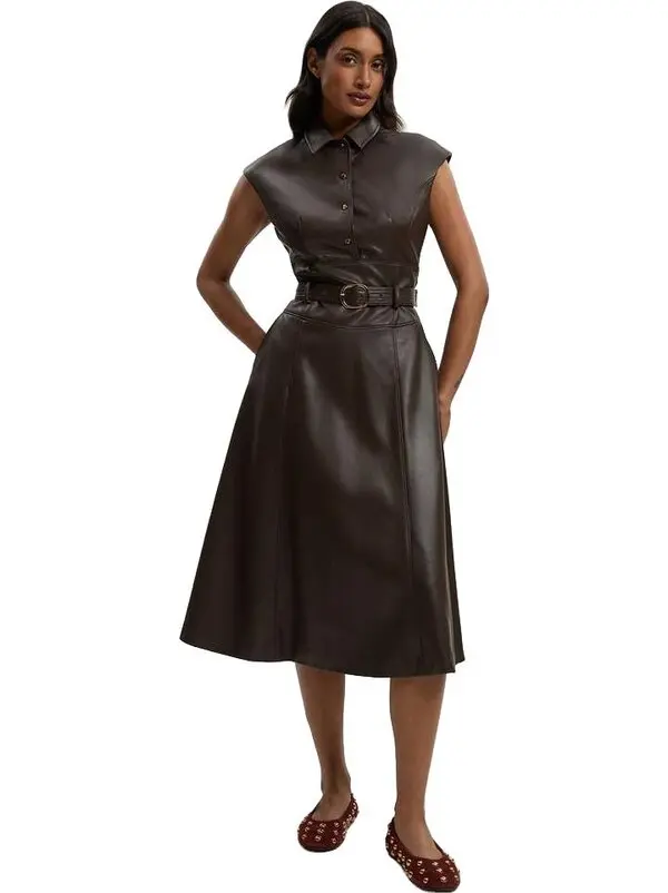 Karen Millen Faux Leather Belted Midi Shirt Dress - Chocolate